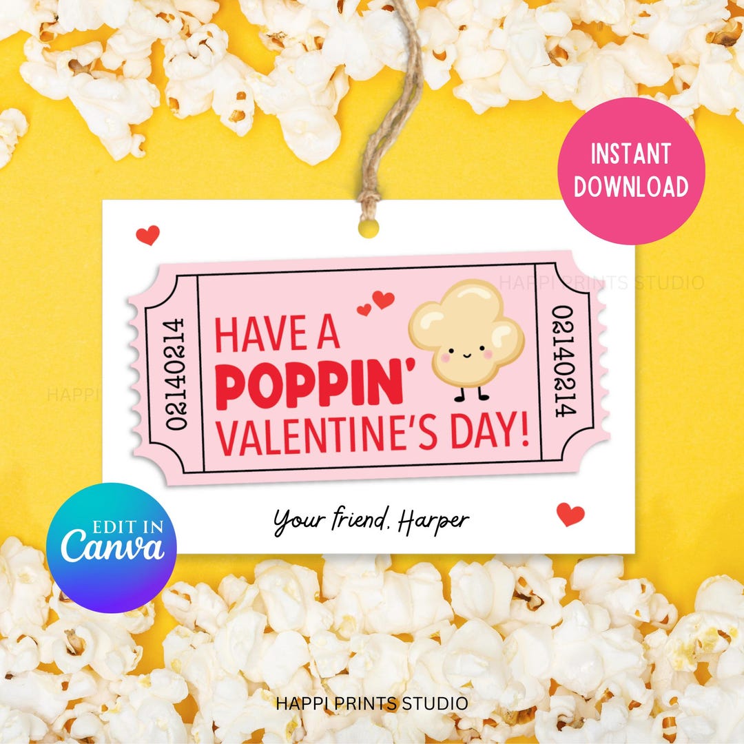 Popcorn Valentine Day Printable Tag, Movie Ticket Popcorn Valentine ...