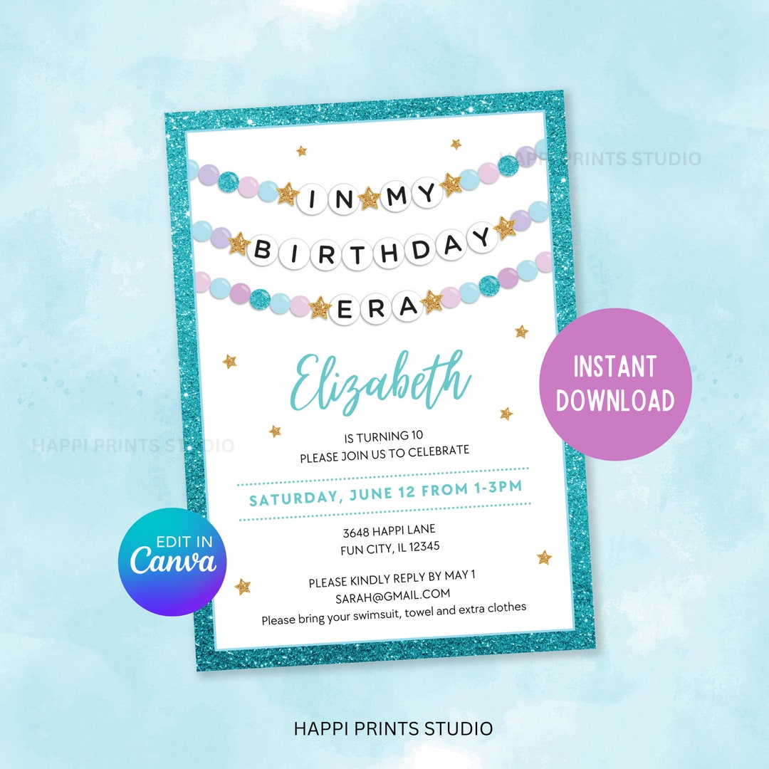 Aqua Invitation in My Birthday Era Printable Invitation, Editable ...