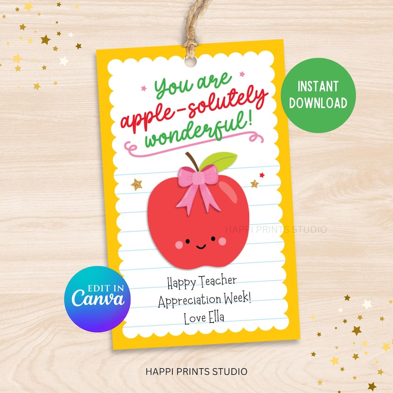 Apple-solutely Wonderful Teacher Appreciation Week Gift Tag, Editable ...