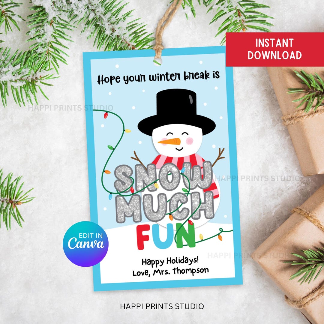 Hope Your Winter Break is Snow Much Fun Gift Tag, Cute Snowman Gift Tag ...