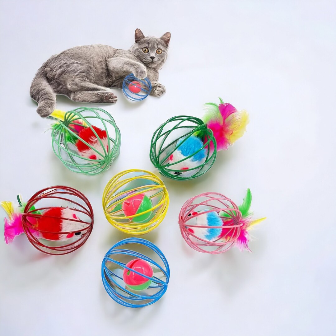 Interactive Cat Toy Set 6 Colorful Balls With Metal Cage, Mice, and ...