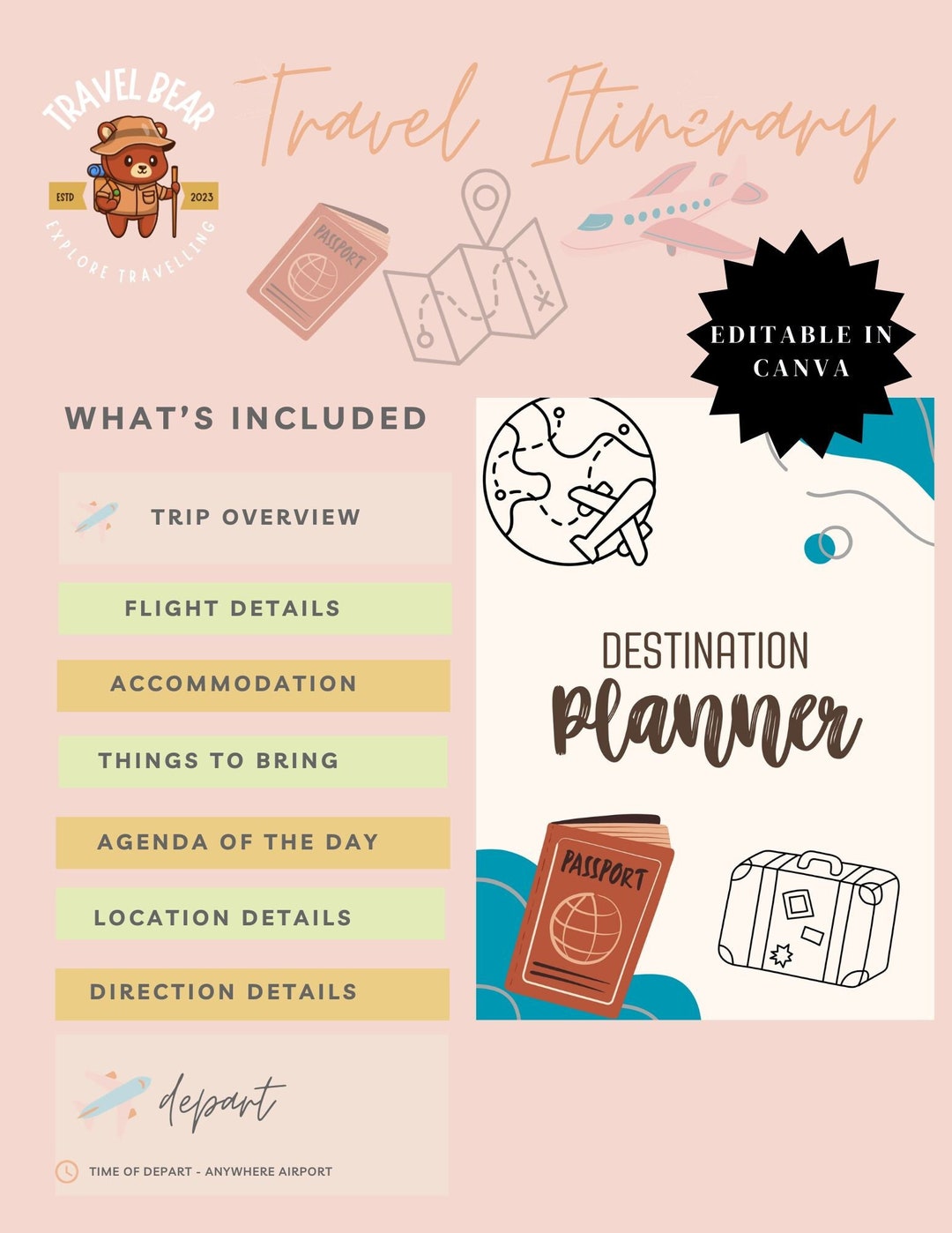 Editable Travel Itinerary Template, Travel Planner, Printable Travel ...