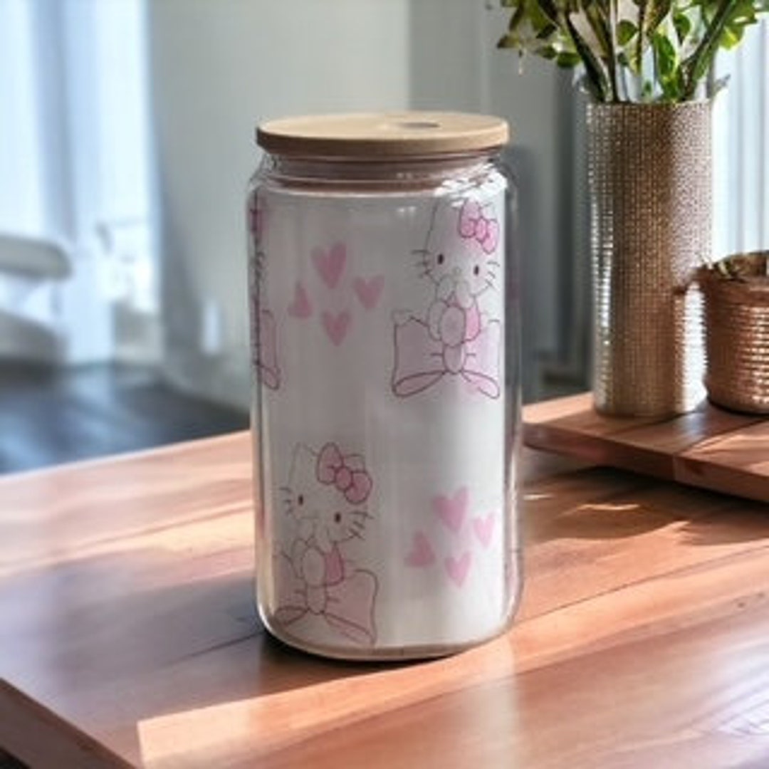 Glass Libby Can Kitty With Hearts and Bows With Straw, 16 Oz - Etsy