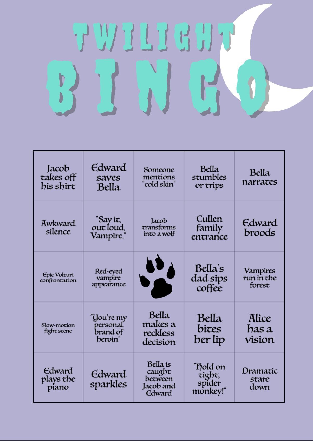 Twilight Movie Watchalong Bingo Twilight Saga Party Game Printable ...