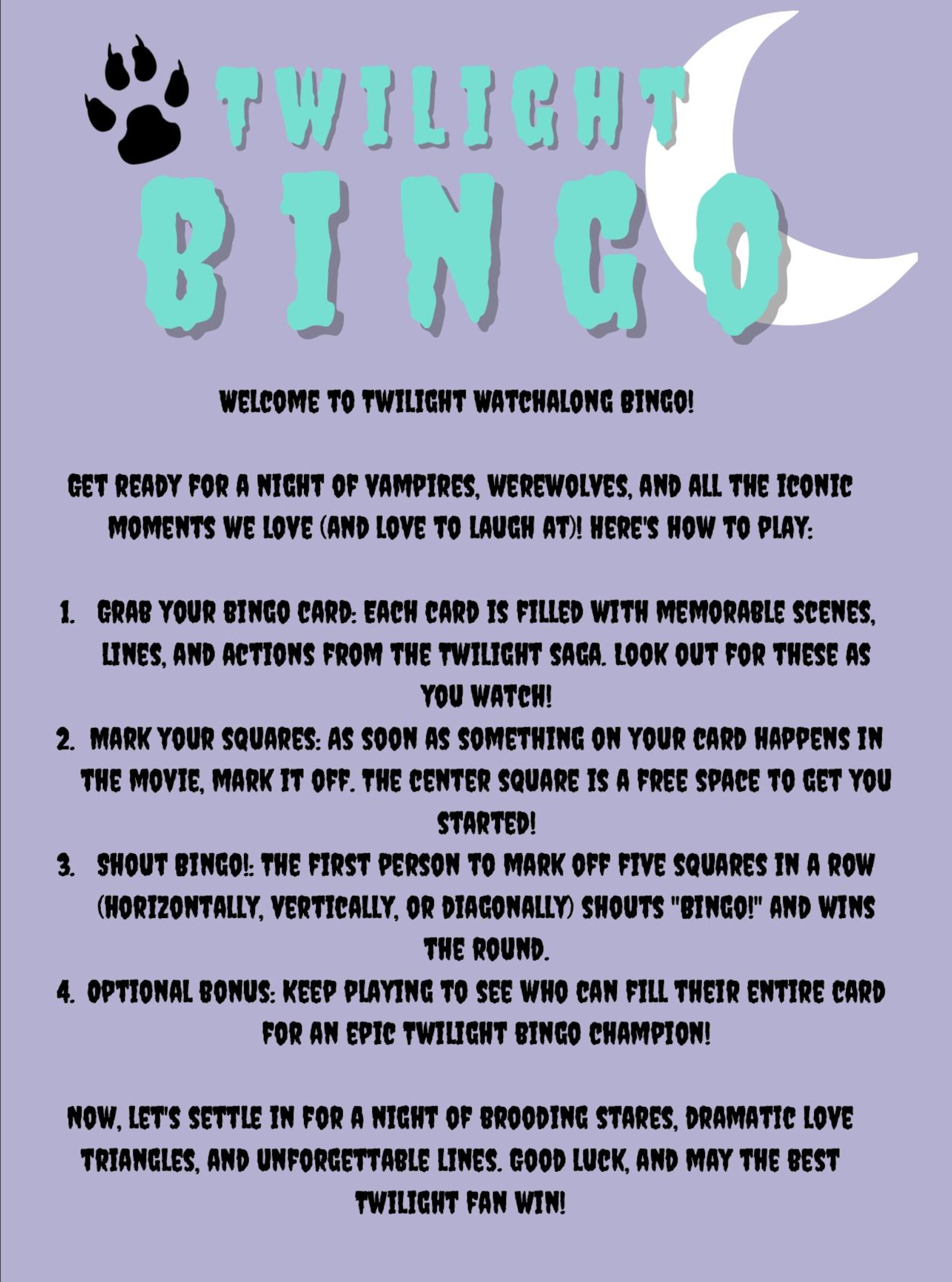 Twilight Movie Watchalong Bingo Twilight Saga Party Game Printable ...