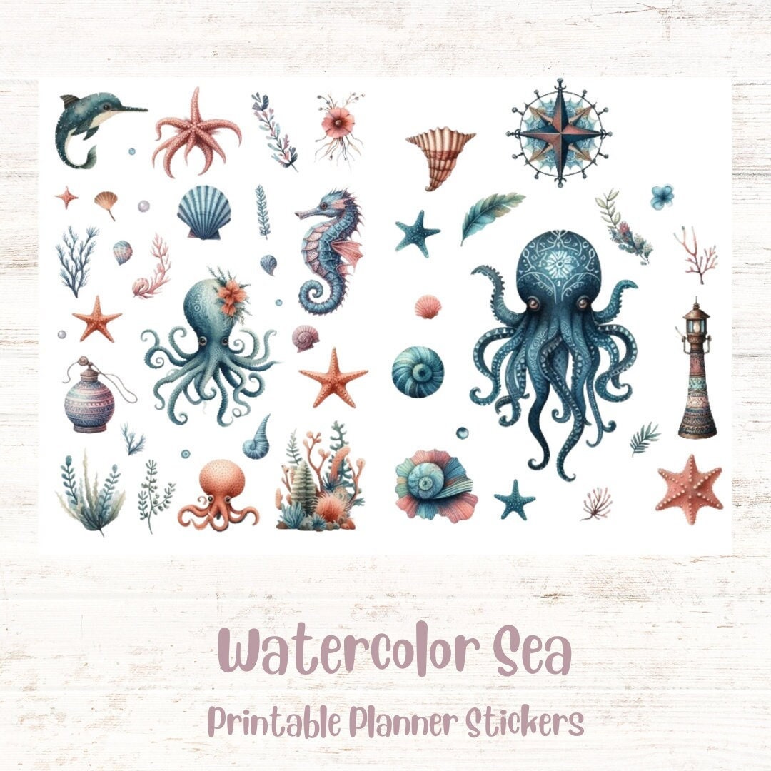 Watercolor Sea, Printable Planner Deco Stickers - Etsy