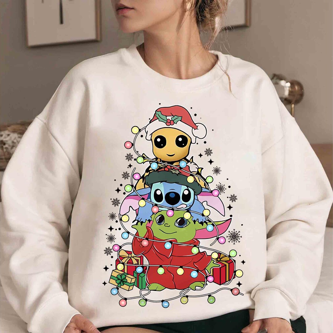 Cute Groot Stitch and Friends Christmas Tree Light Sweatshirt, Disney's ...