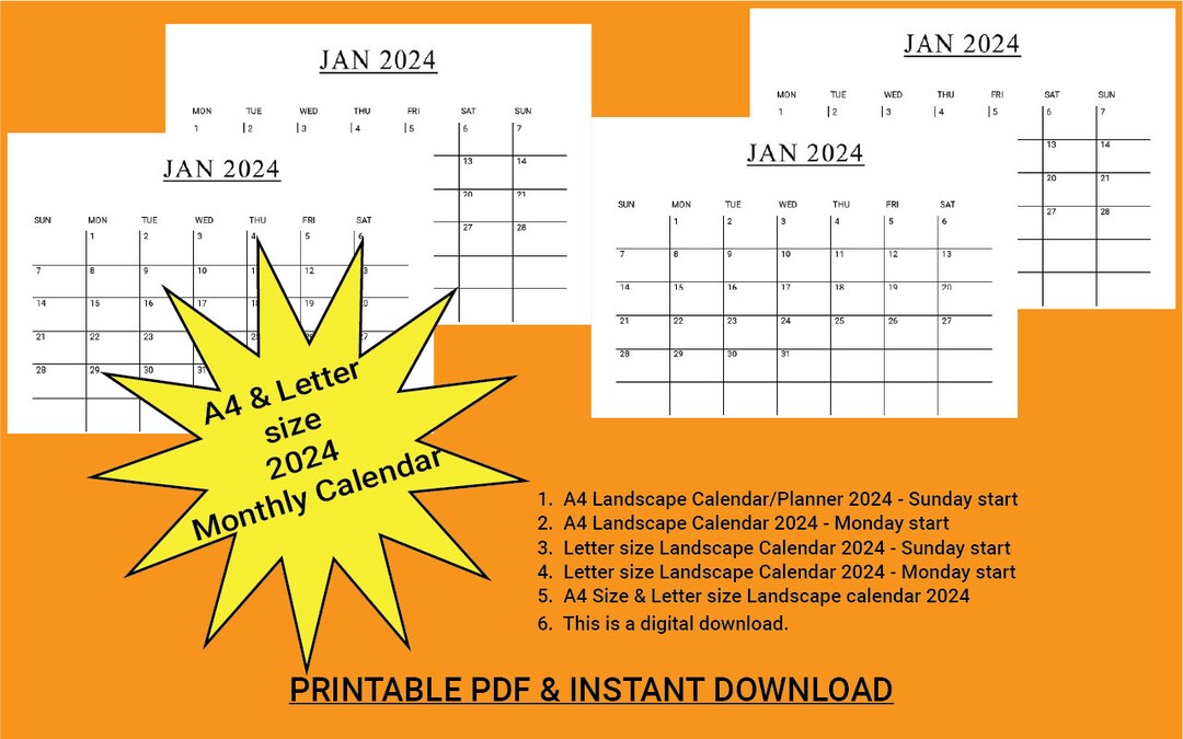 A4 and Letter Size Printable 2024 Calendar - Etsy