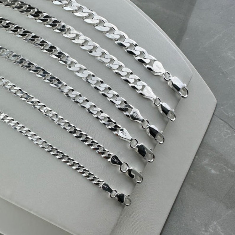 Solid 925 Sterling Silver Curb Chain Necklace, Flat Open Link Diamond ...