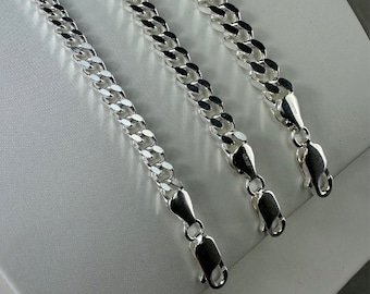 Solid 925 Sterling Silver Curb Chain Necklace, Flat Open Link Diamond ...
