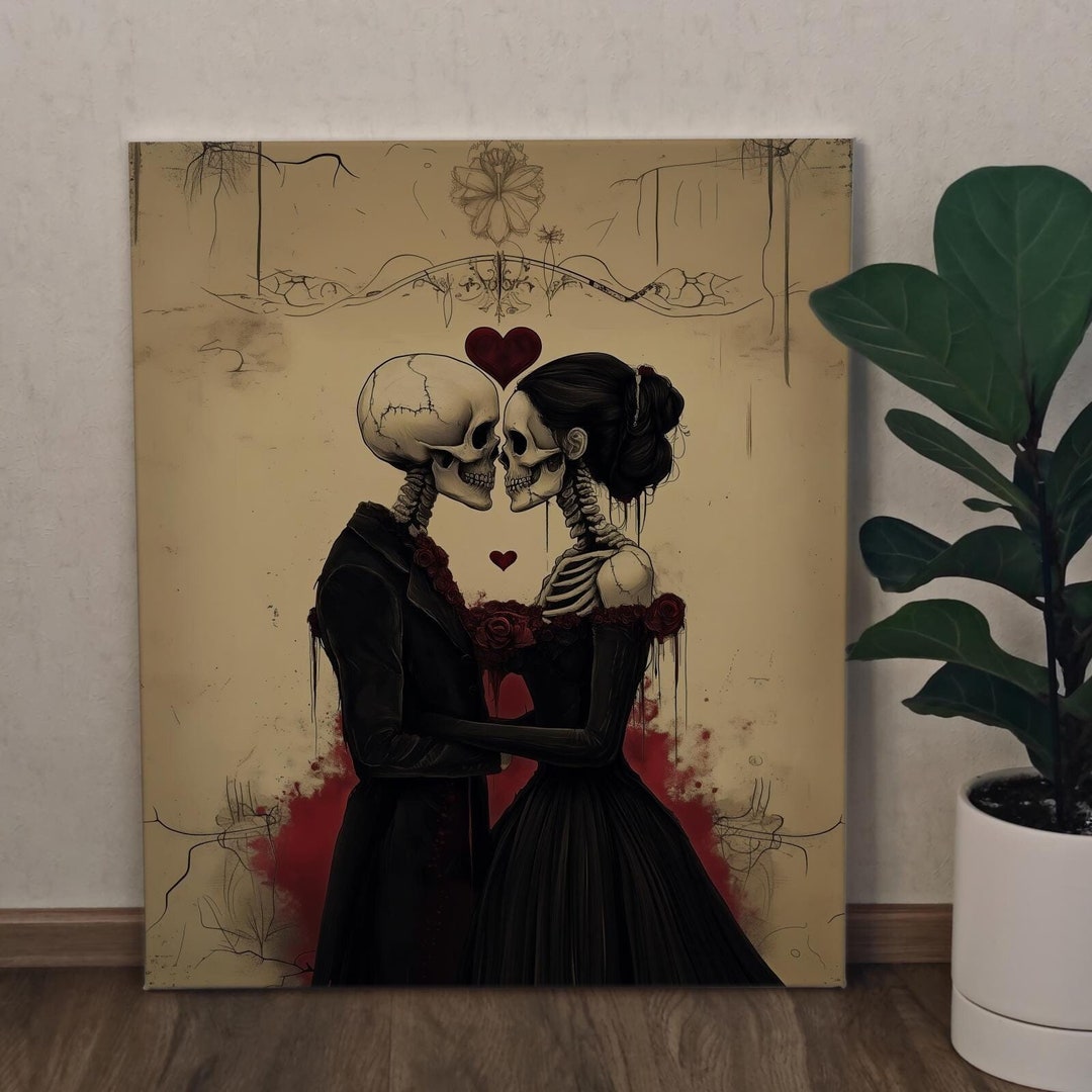 Gothic Skeleton Couple Wallart, Vintage Black Red Skeleton Couple Print ...