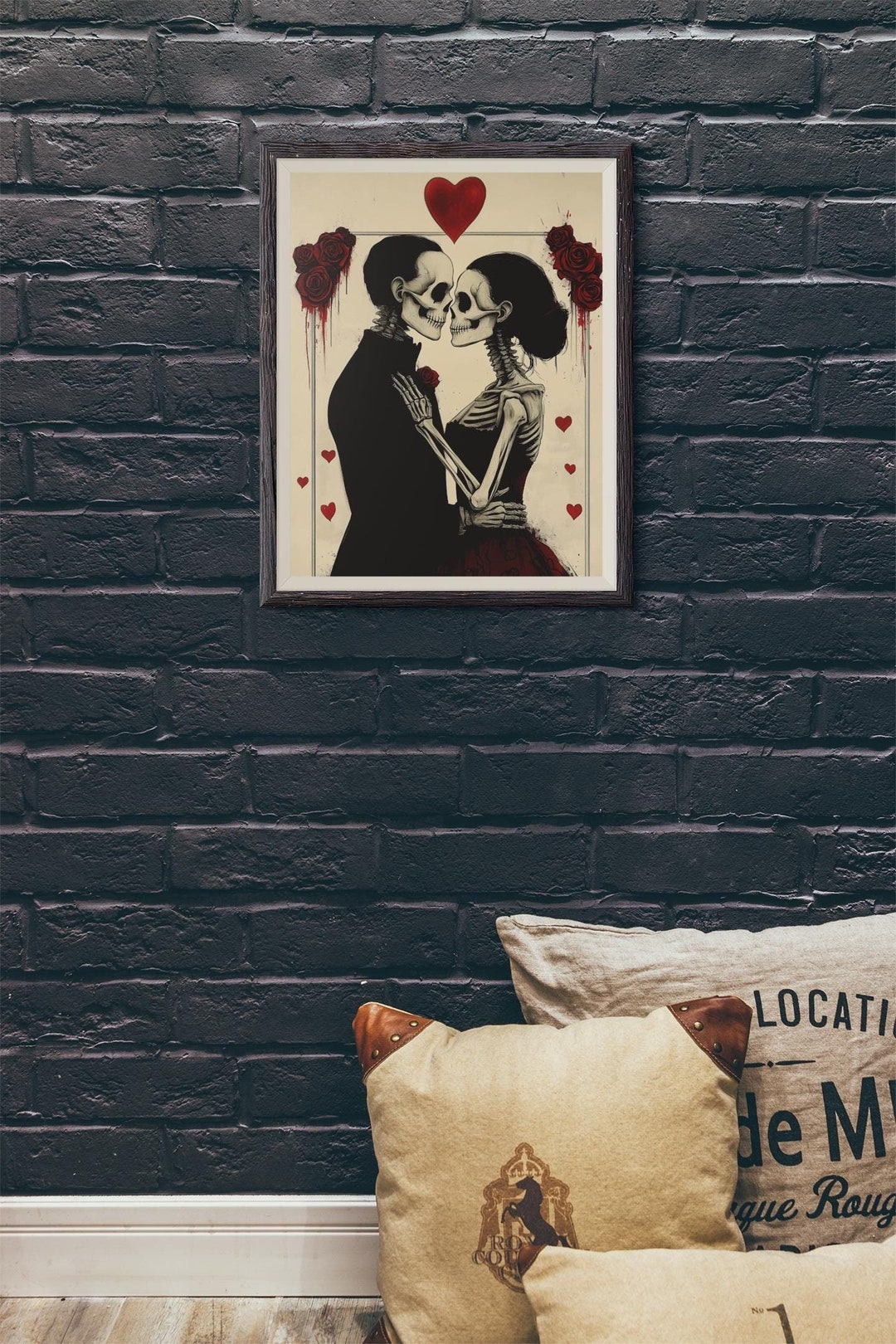 Skeleton Lovers Kiss, Skeleton Couple Rose, Skeletons Kissings Print ...
