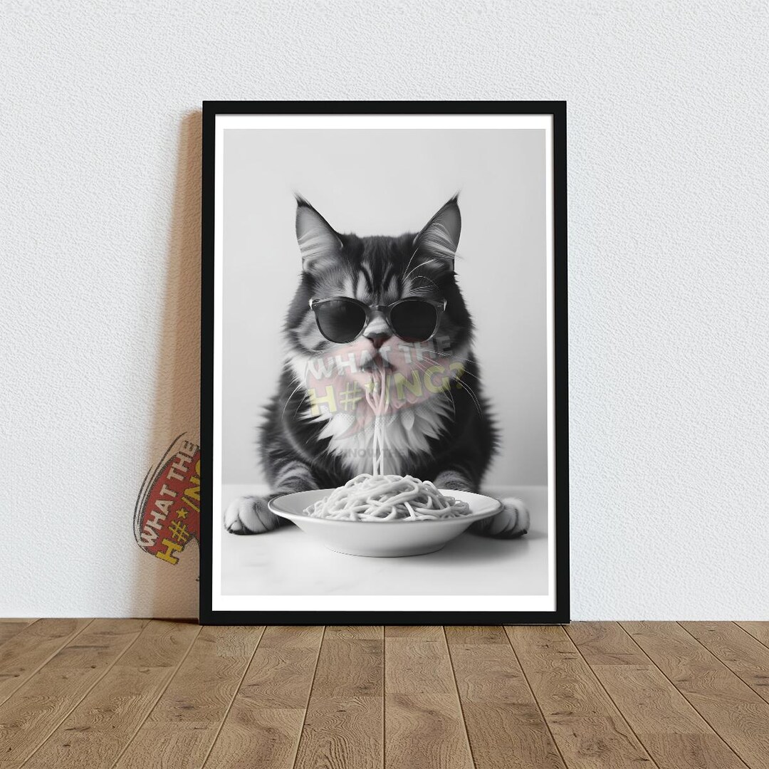 Cat Eating Pasta Wall Art, Spaghetti Print, Black and White Print ...