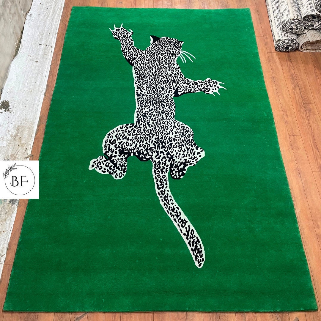 Hand Tufted Green Color Leopard Rug Irregular 100% Wool Area Rug for ...