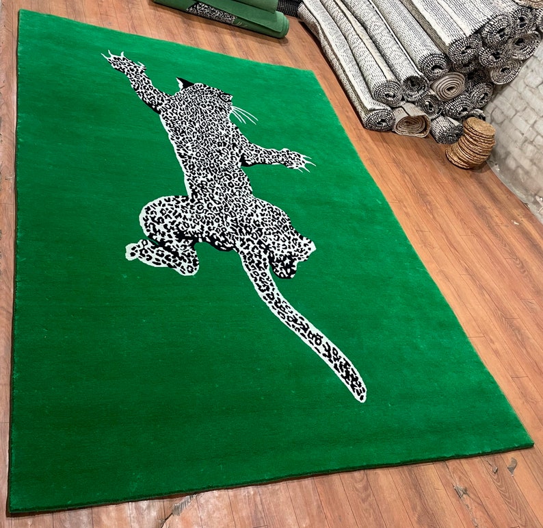 Hand Tufted Green Color Leopard Rug Irregular 100% Wool Area Rug for ...