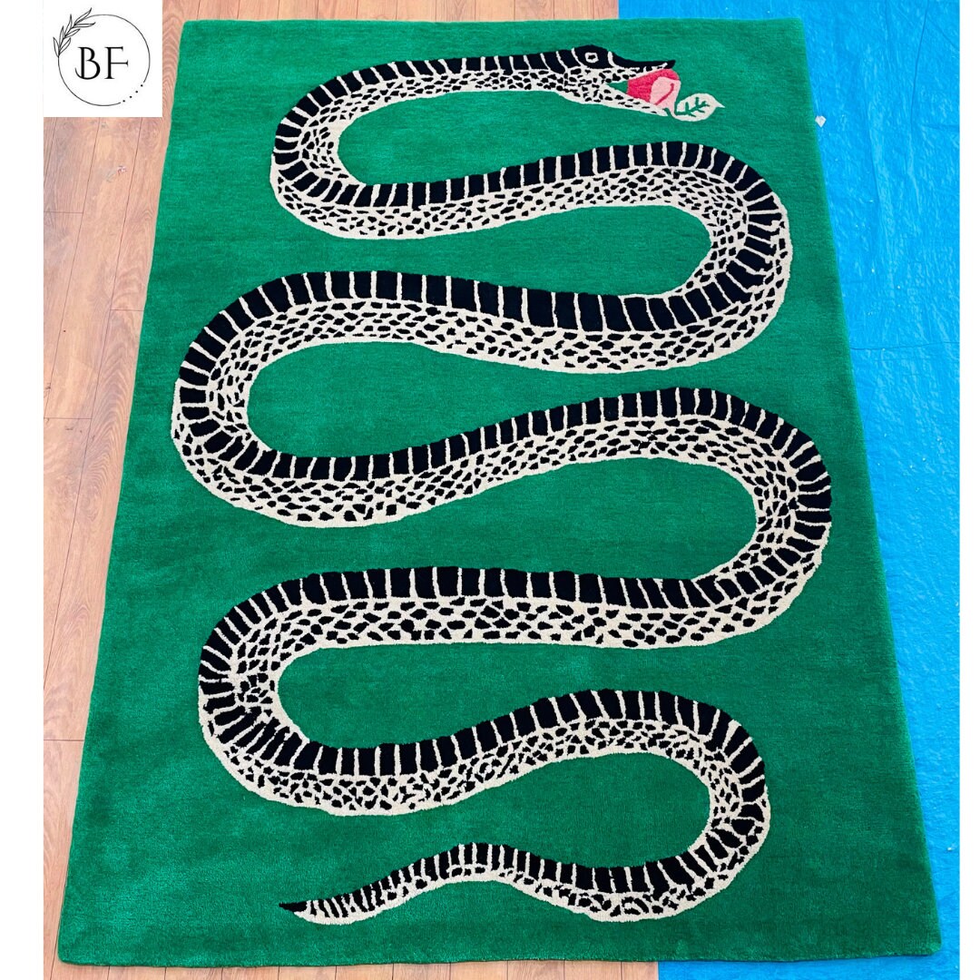 Hand Tufted Green Color Snake Rug 100% Wool Area Rug for Bedroom ...