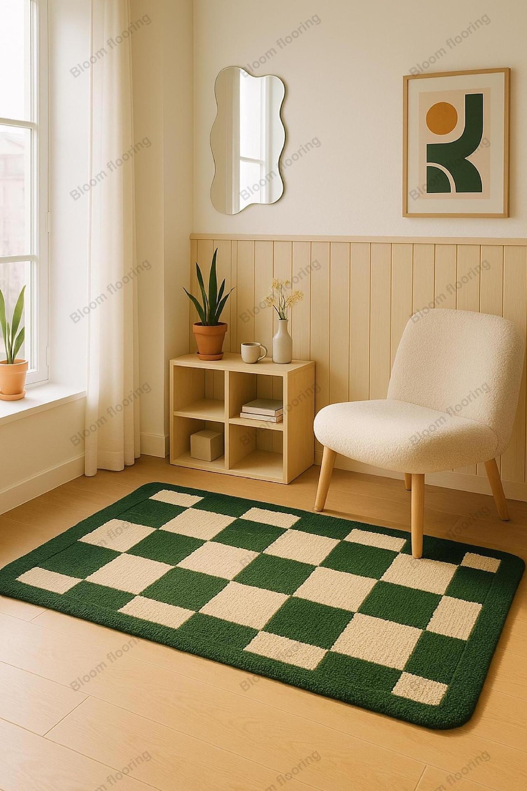 Personalized Green Checkered Wool Rug – Modern Tufted Area Carpet ...