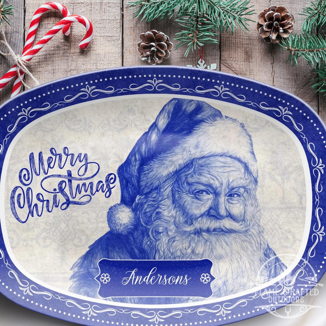Custom Whimsical Santa St Nick Chinoiserie Platter | Cute Blue Holiday ...