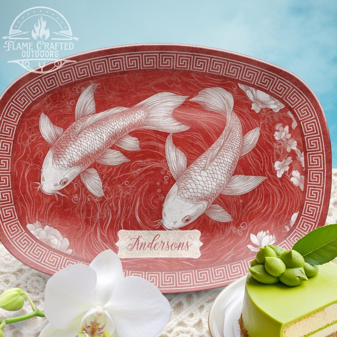 Custom Koi Fish Harmony Chinoiserie Platter | Elegant Red Design ...