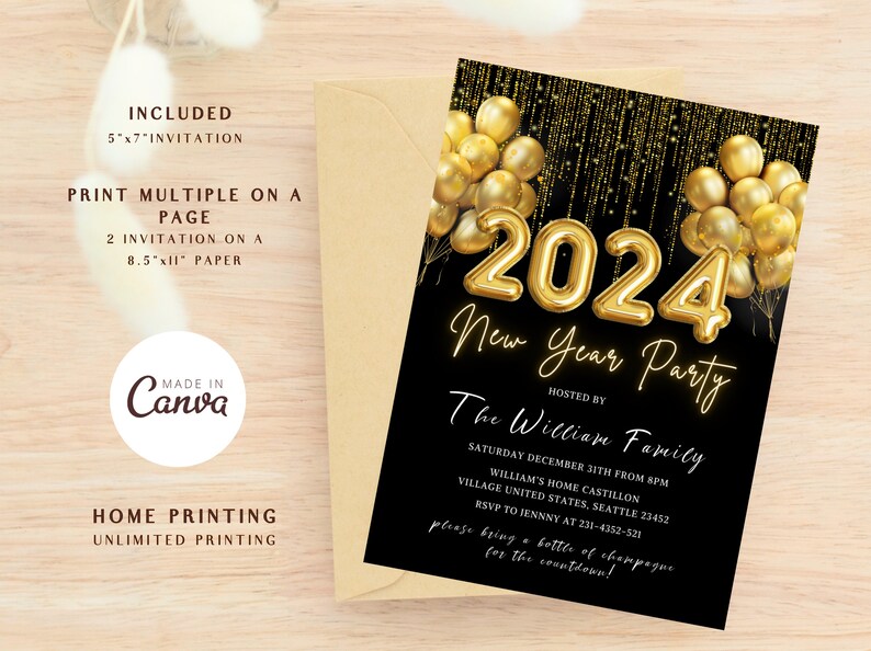 Editable New Years Eve Party Invitation, Gold Glitter New Year Invite ...