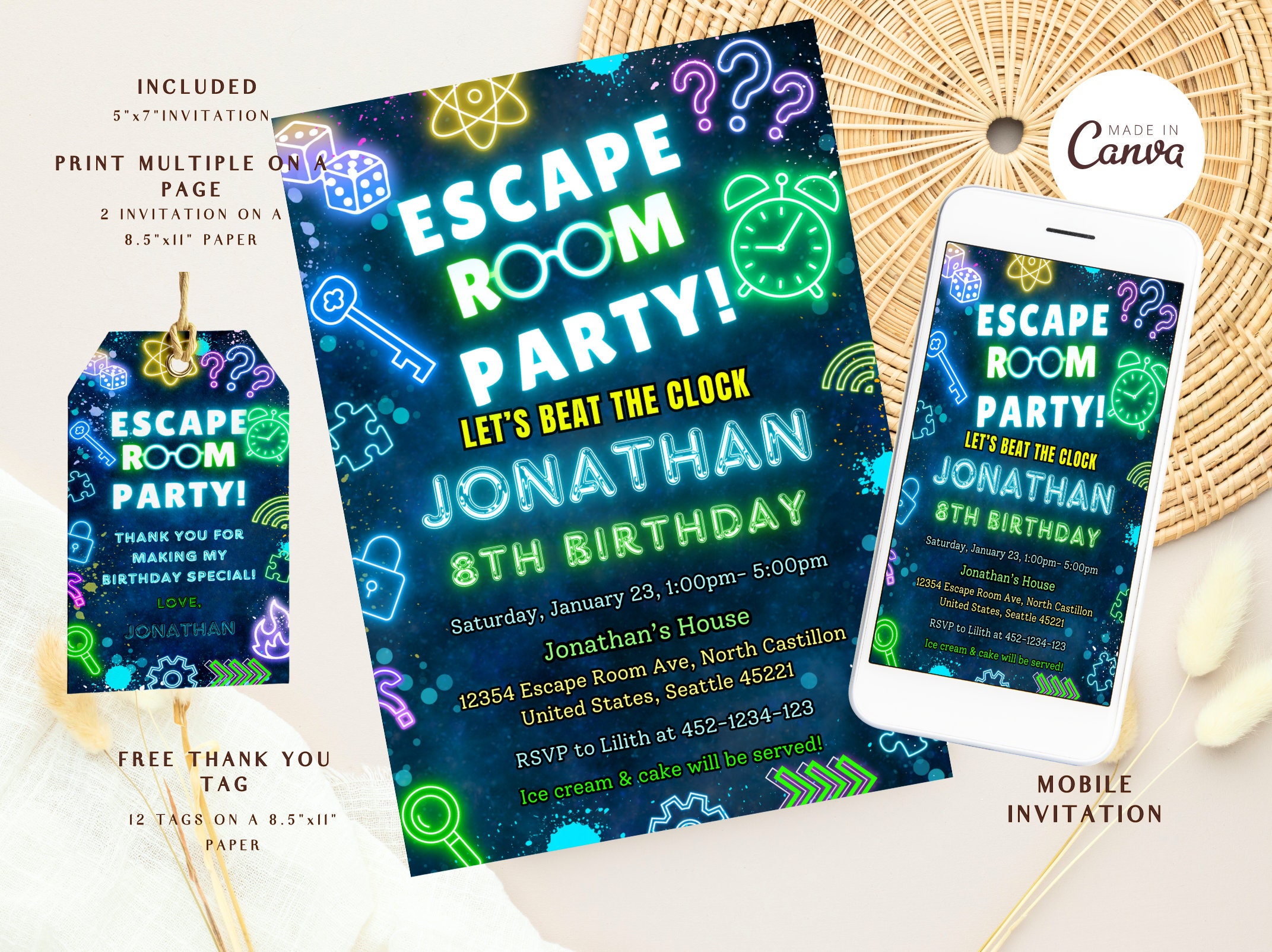 Editable Escape Room Birthday Invitation, Digital Neon Invite, Mystery ...