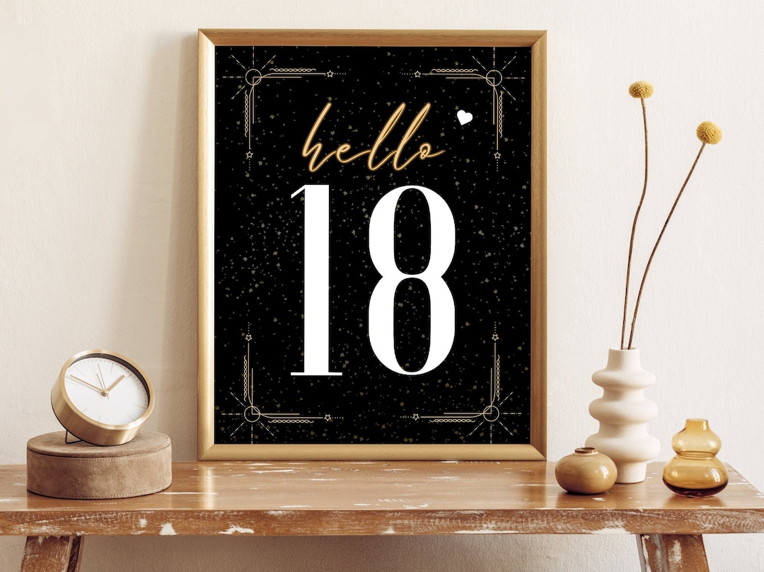 Hello 18, Schwarz Gold Dekor, 18. Geburtstag Schild, 18. Jahrestag ...