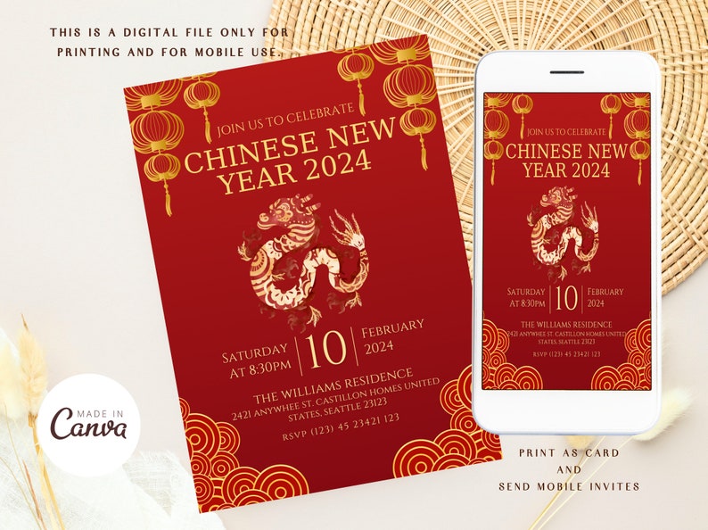 Chinese New Year Party Invitation Template, Year of the Dragon Invite ...