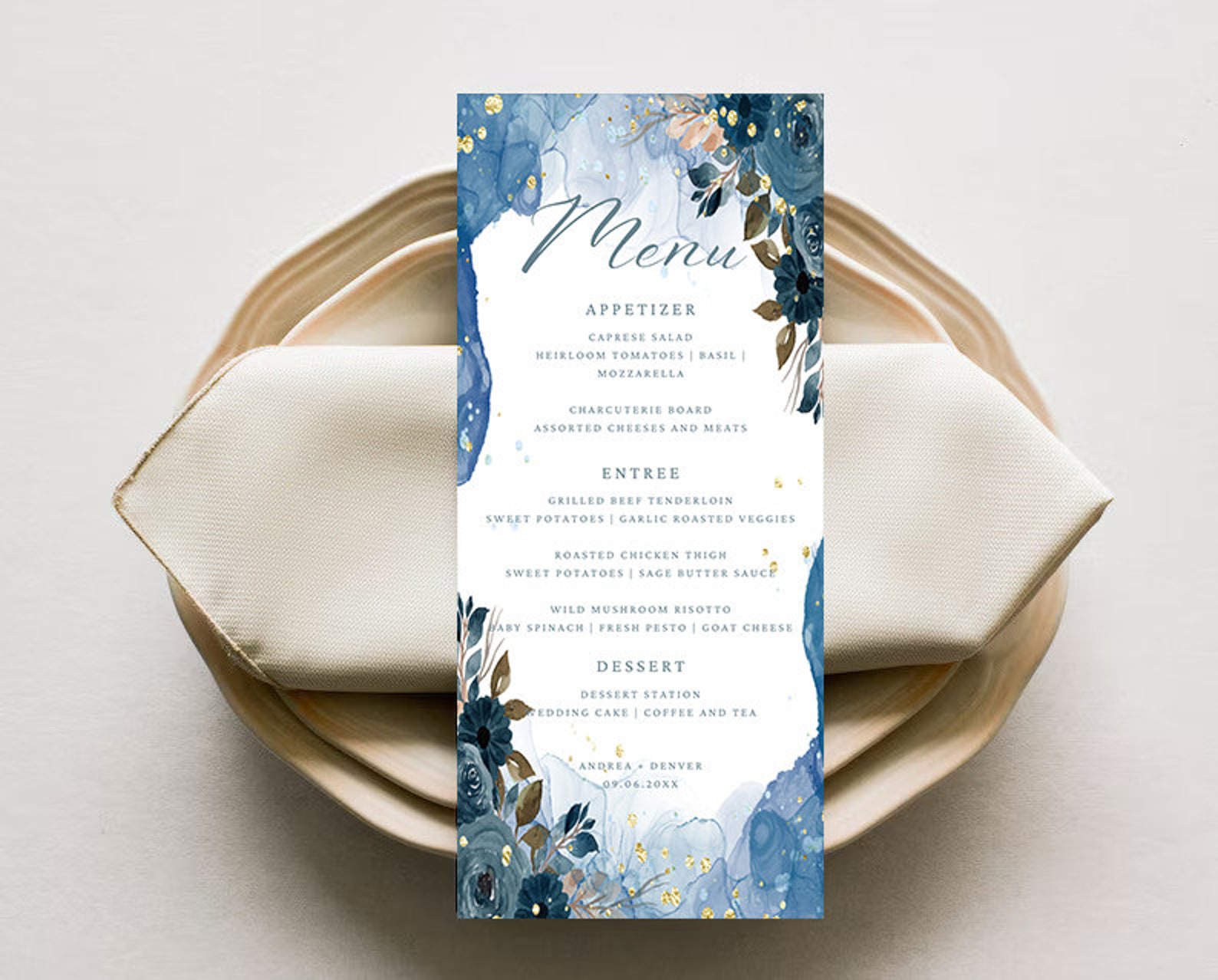 Floral Blue Wedding Menu Template, Floral Wedding Menu Card Template ...