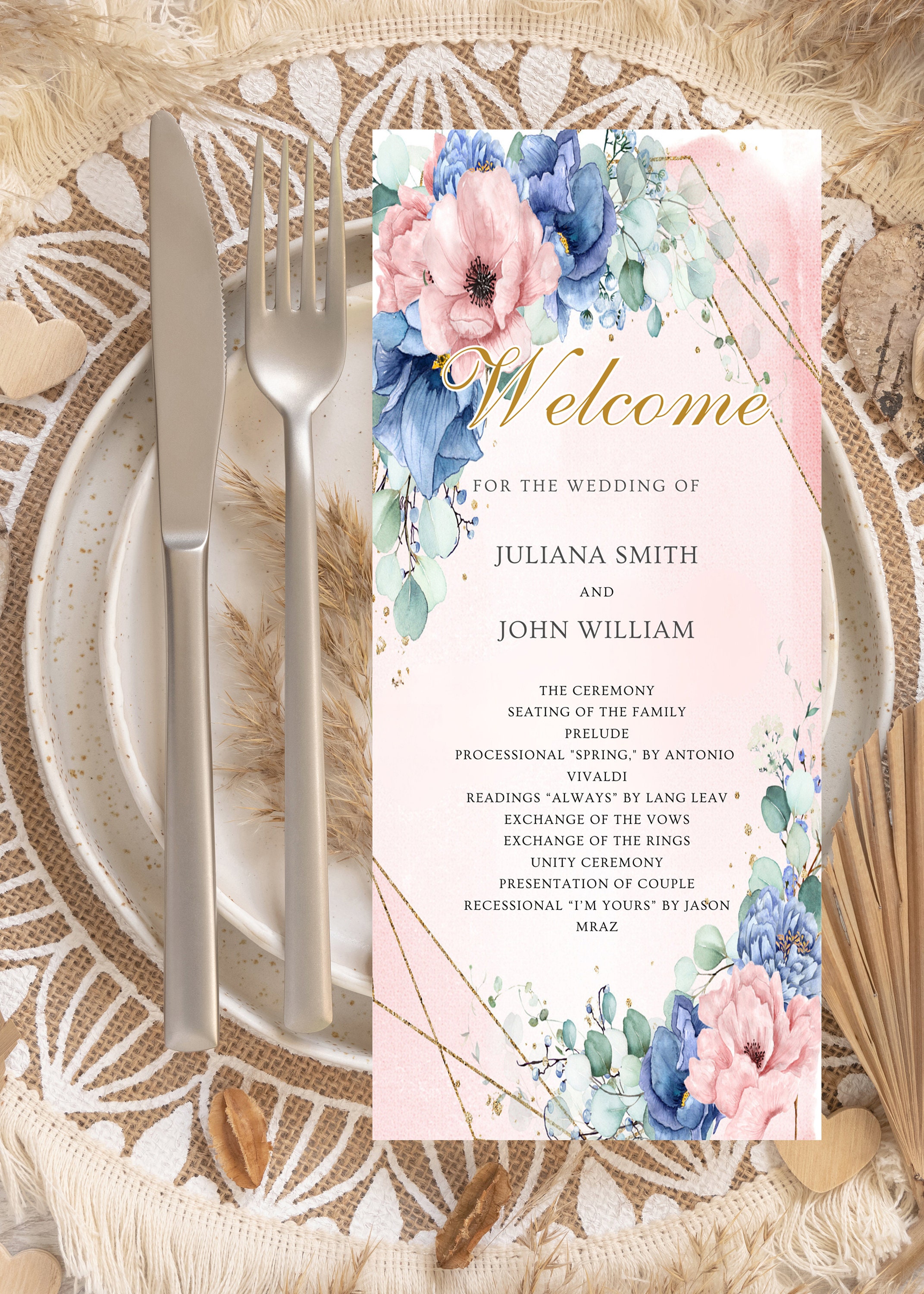 Blush Pink Wedding Program Card Template Floral Wedding - Etsy
