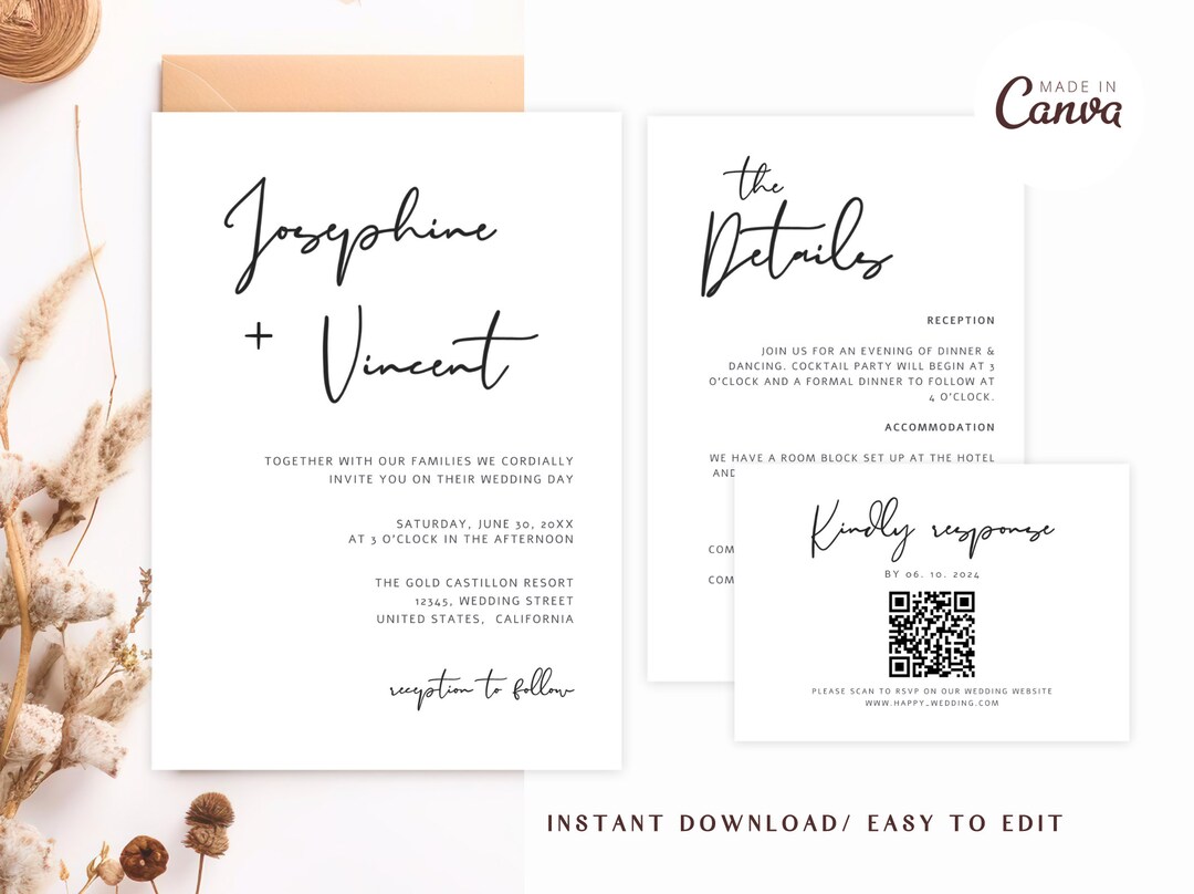 Minimalist Wedding Invitation, QR Code RSVP Wedding Invitation, Wedding ...