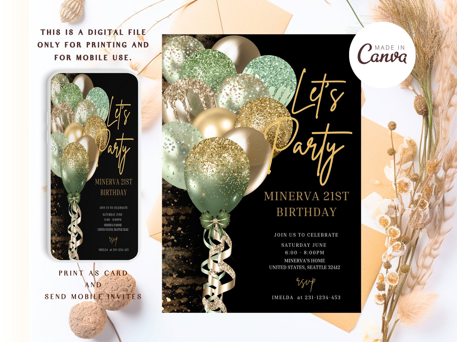 Sage Green Balloons 21st Birthday Party Invite, Balloons Birthday ...