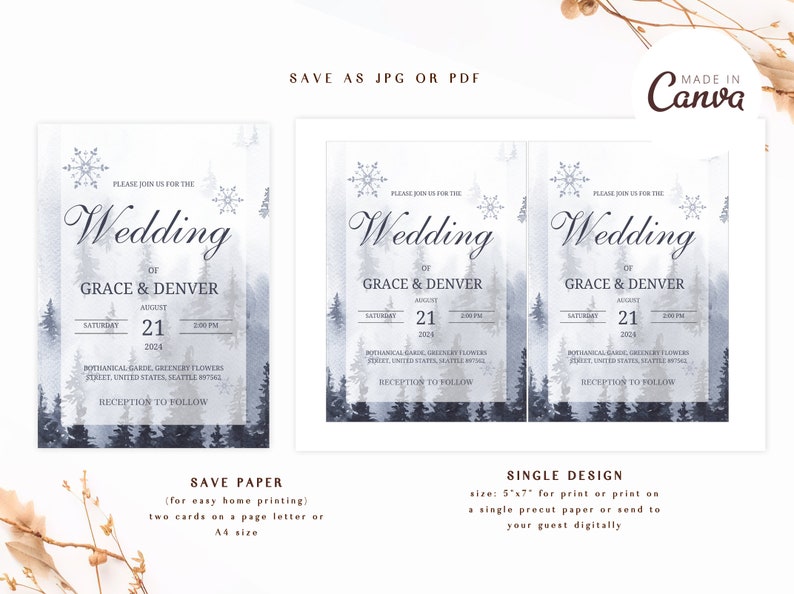 Winter Snowflakes Wedding Invitation Template, Canva Instant Download ...