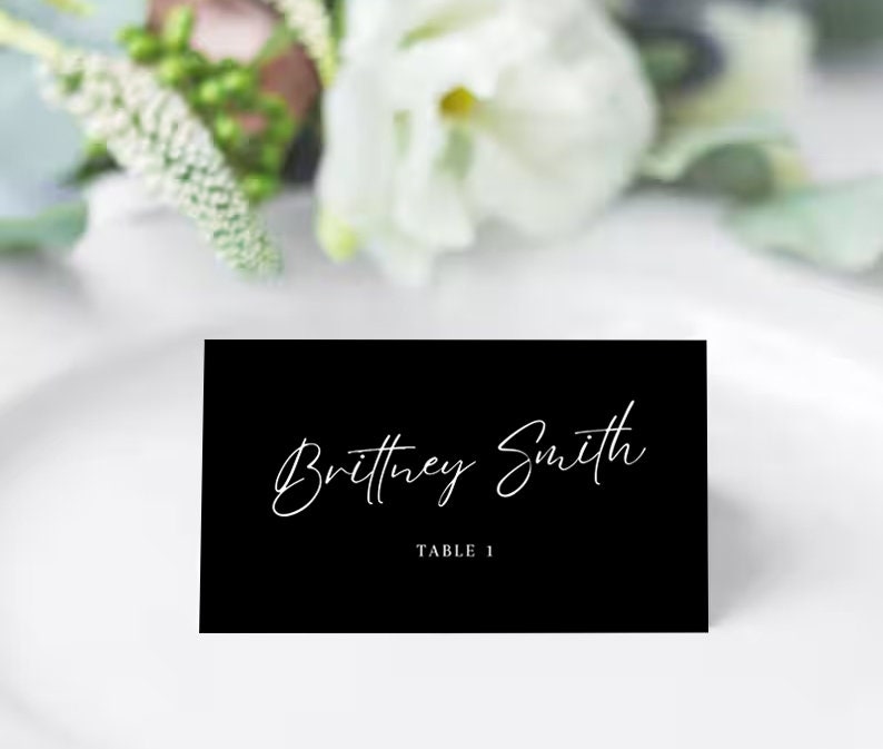 Black Minimalist Place Card Template, Editable Place Card Template ...
