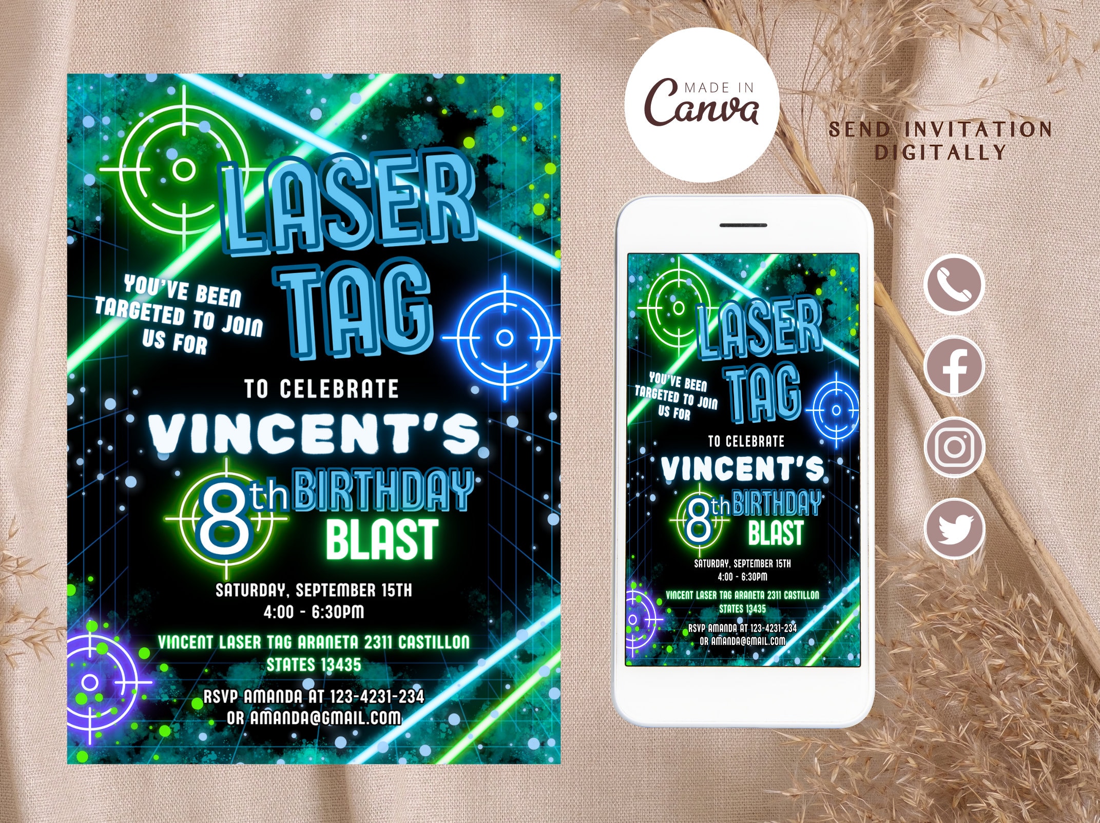 Editable Laser Tag Party Invitation Neon Birthday Party Invite Glow ...