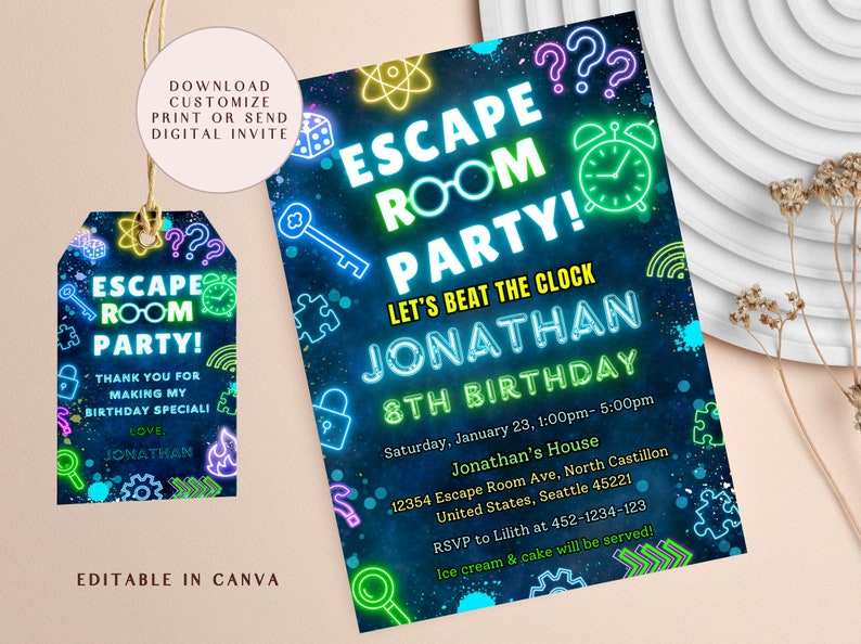 Editable Escape Room Birthday Invitation, Digital Neon Invite, Mystery ...