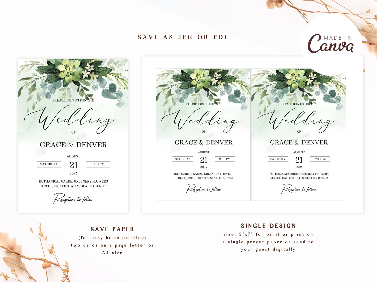 Greenery Invite Template, Greenery Modern Wedding Set, Rustic Greenery ...