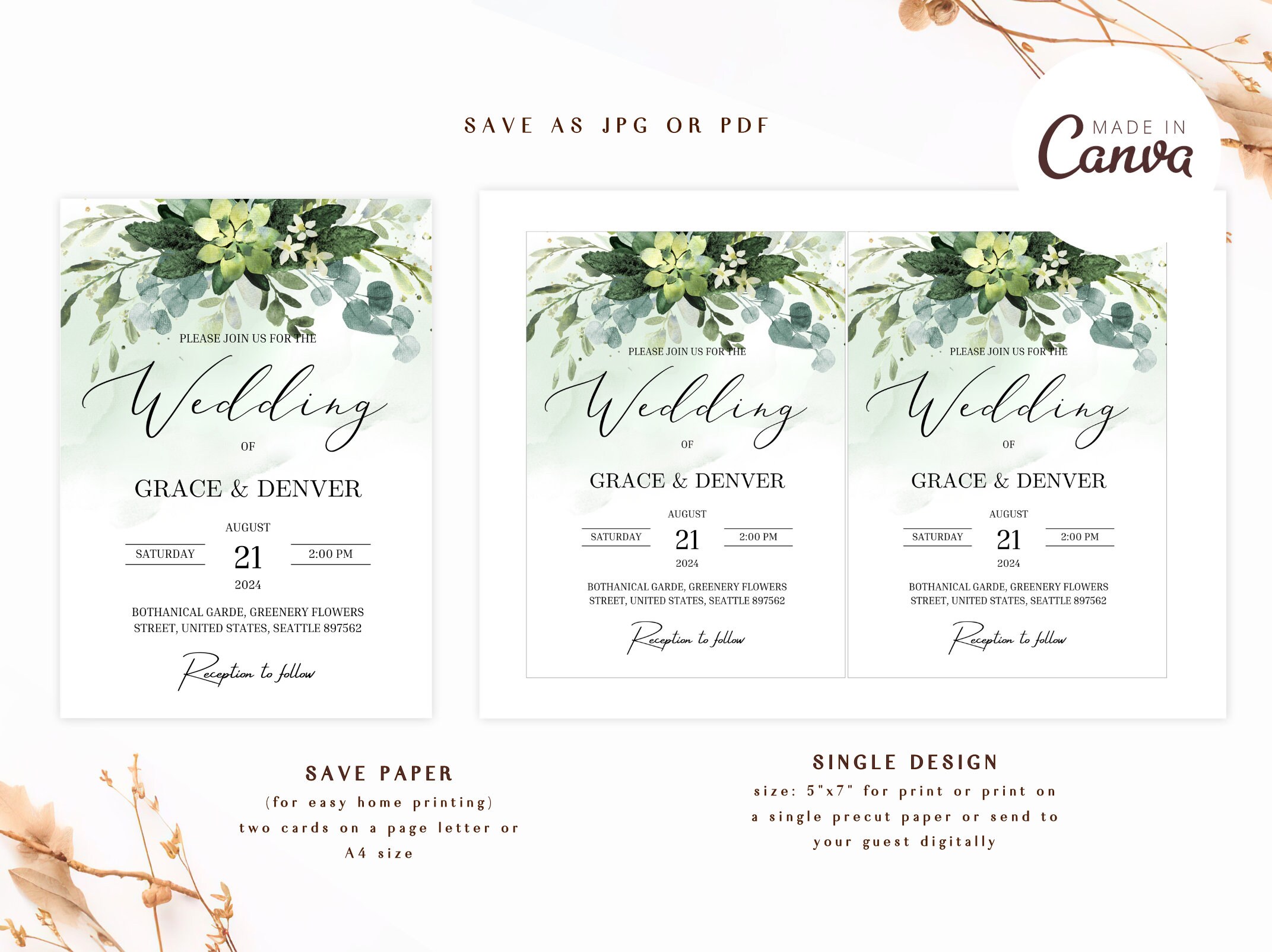 Greenery Invite Template, Greenery Modern Wedding Set, Rustic Greenery ...