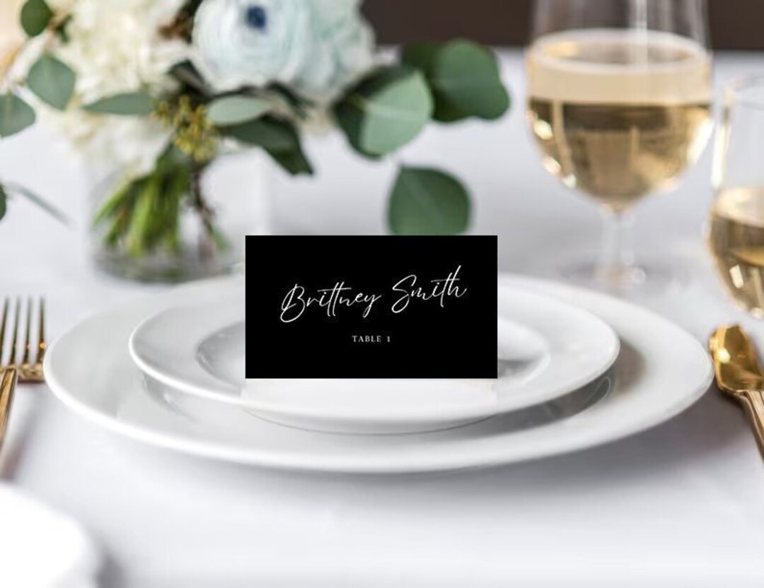 Black Minimalist Place Card Template, Editable Place Card Template ...