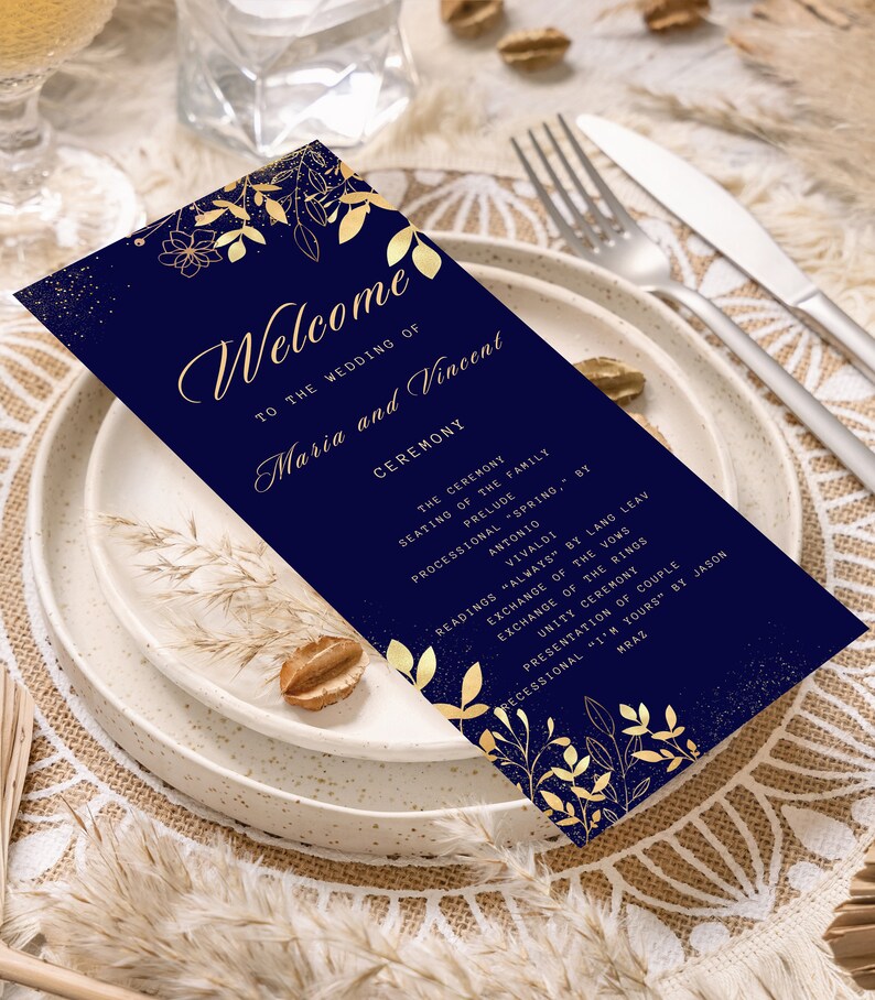 Wedding Program Template, Wedding Ceremony Program, Navy and Gold ...