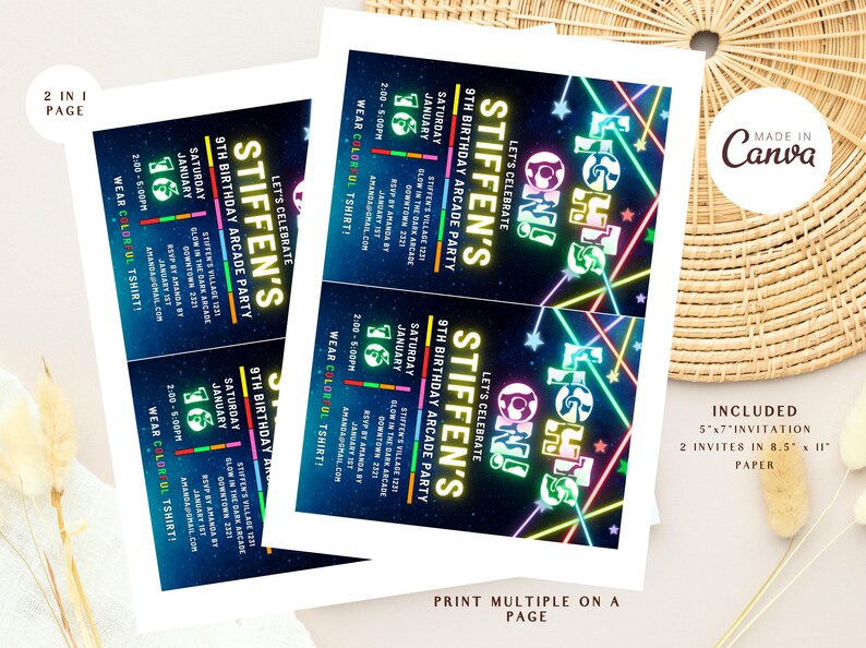 Editable Arcade Light on Birthday Party Invitation, Neon Boy Game Party ...