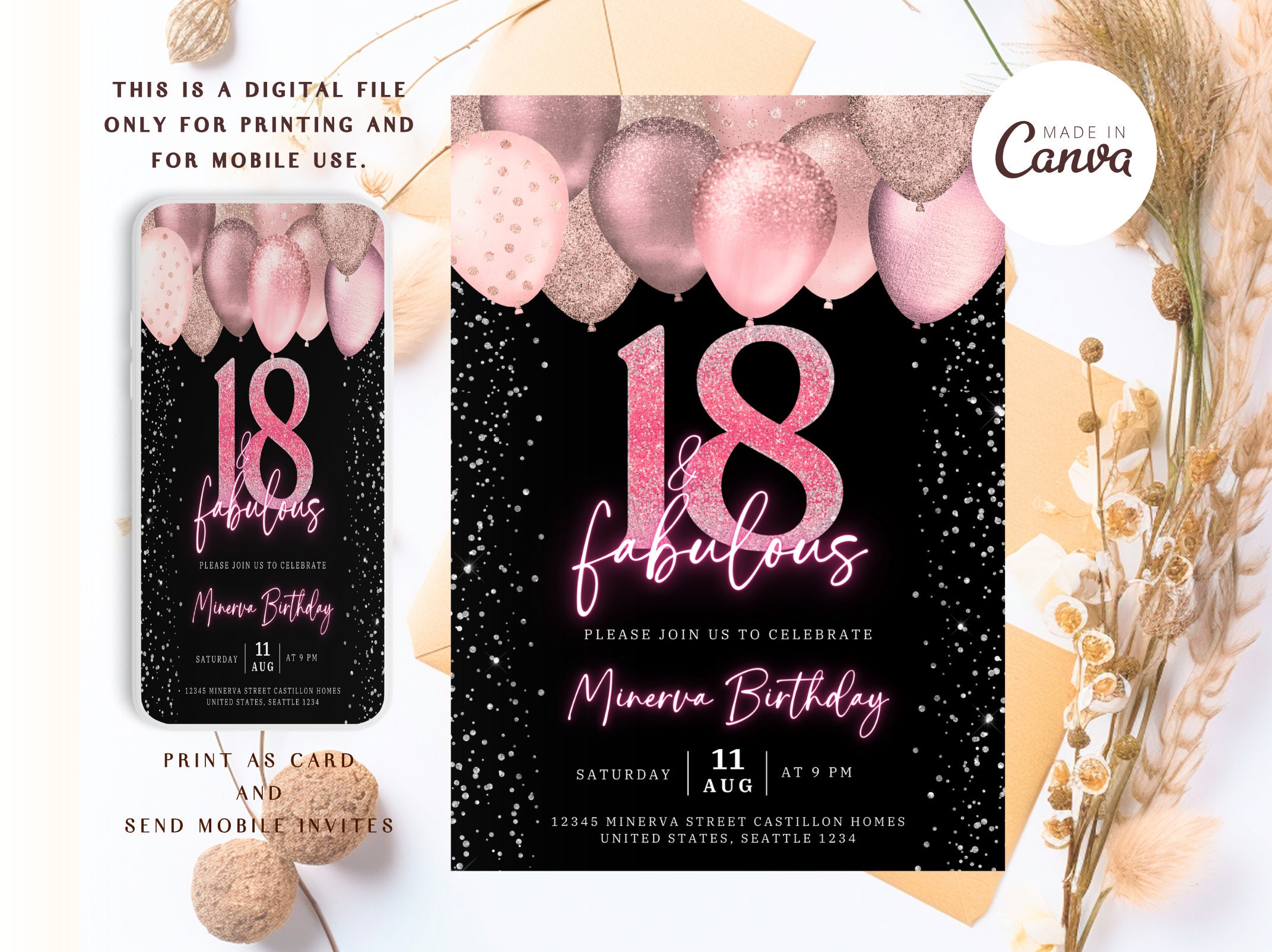 Editable Blank Pink Balloon 18th Birthday Invitation, Pink and Black ...