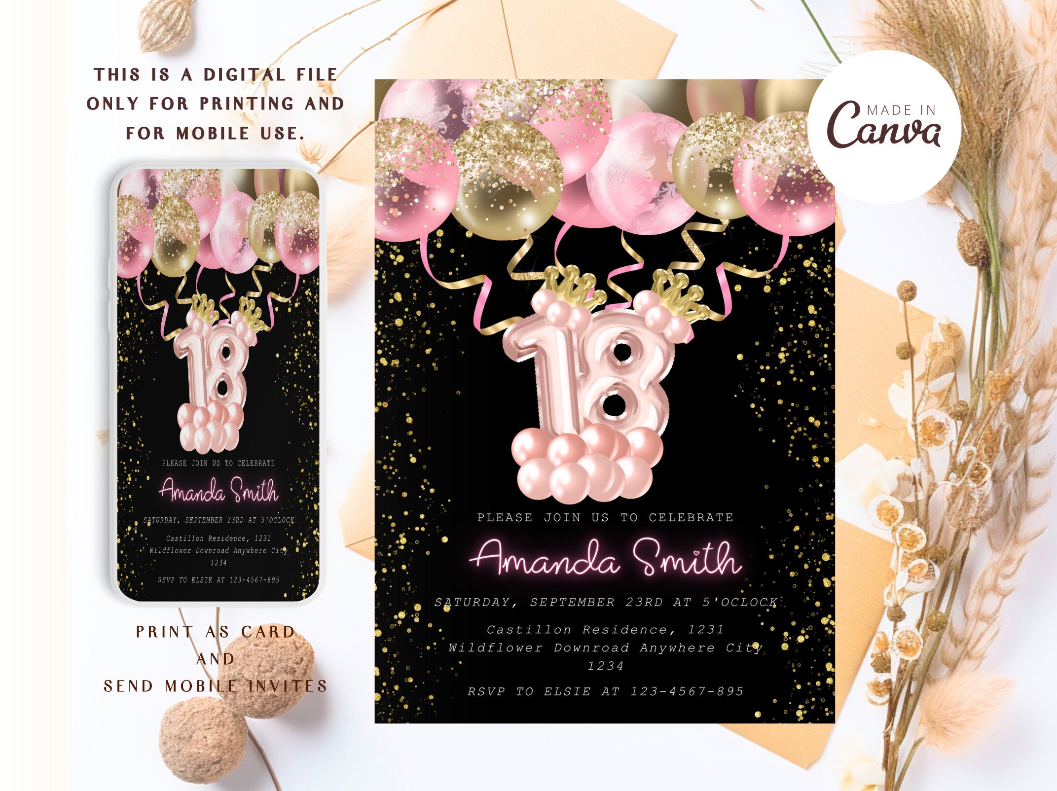 Editable 18th Pink and Gold Birthday Invitation, Pink 18 Balloon ...