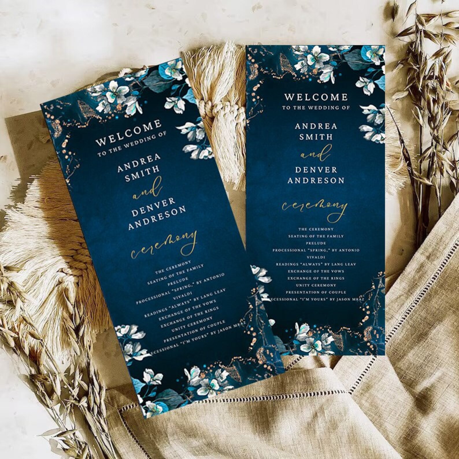 Floral Navy Wedding Program, Order of Events, Navy Blue Wedding ...