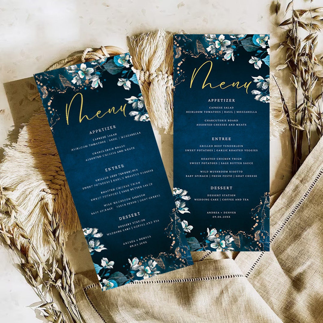 Classy Navy Blue Wedding Menu Template, Classy Wedding Menu Card ...