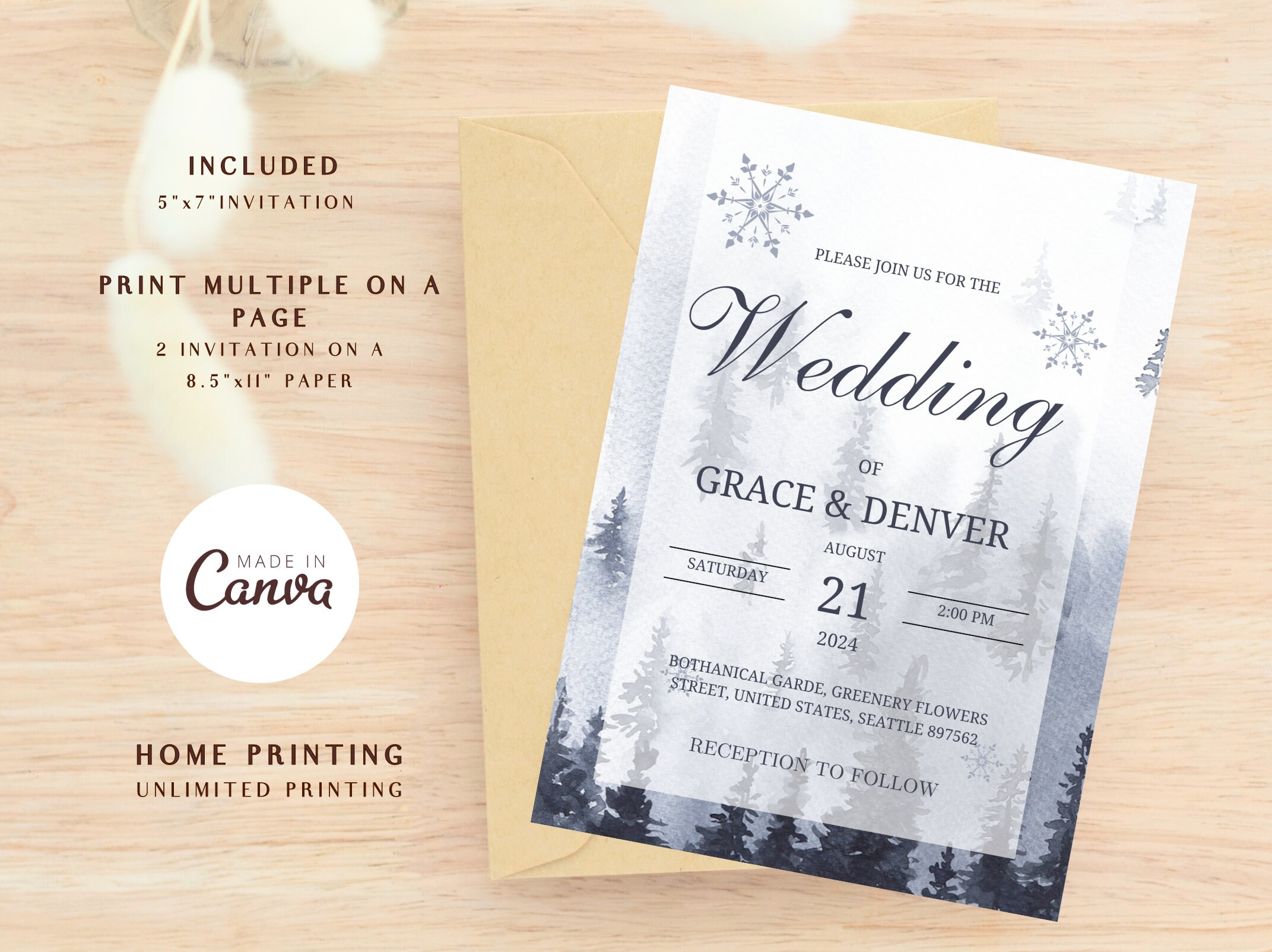 Winter Snowflakes Wedding Invitation Template, Canva Instant Download ...