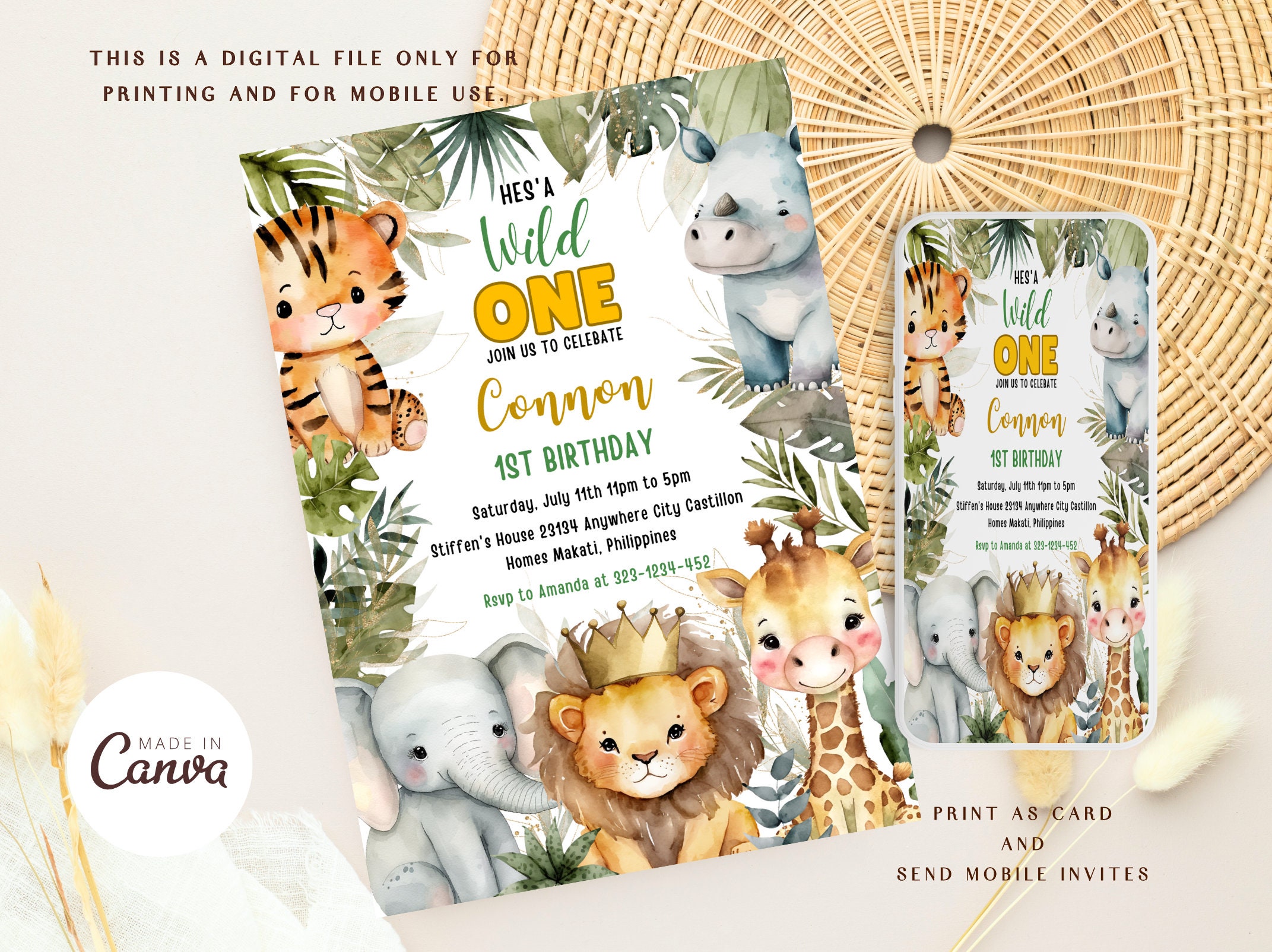 Editable Safar Birthday Invitation, Boy Wild One Invitation, Jungle ...