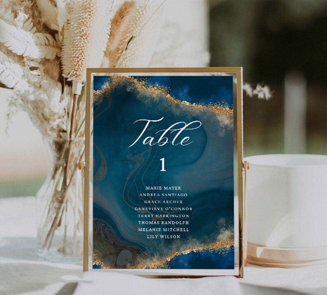 Dusty Gold Azure Wedding Table Number Template, Blue Minimalist Wedding ...