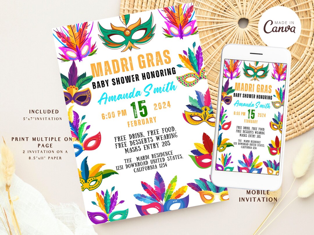 EDITABLE Mardi Gras Baby Shower Invitation Template, Mobil Invitation ...