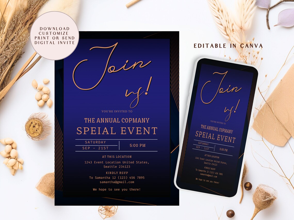 Editable Elegant Modern Navy Blue Event Invitation, Minimalist Event ...