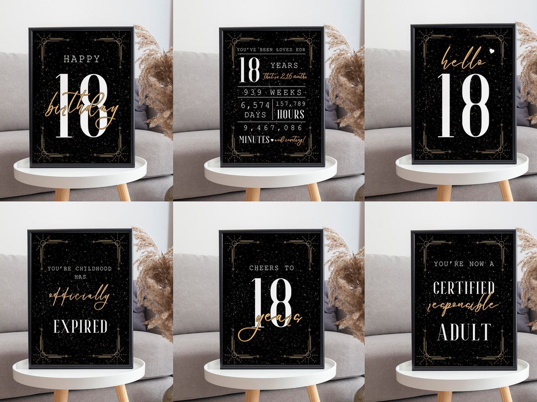 18th Black Gold Signs Bundle, Cheers to 18 Years, Glitter 18th Birthday ...